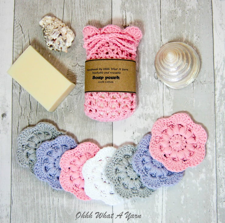 Pastel cotton scrubbies and soap saver, soap po... - Folksy