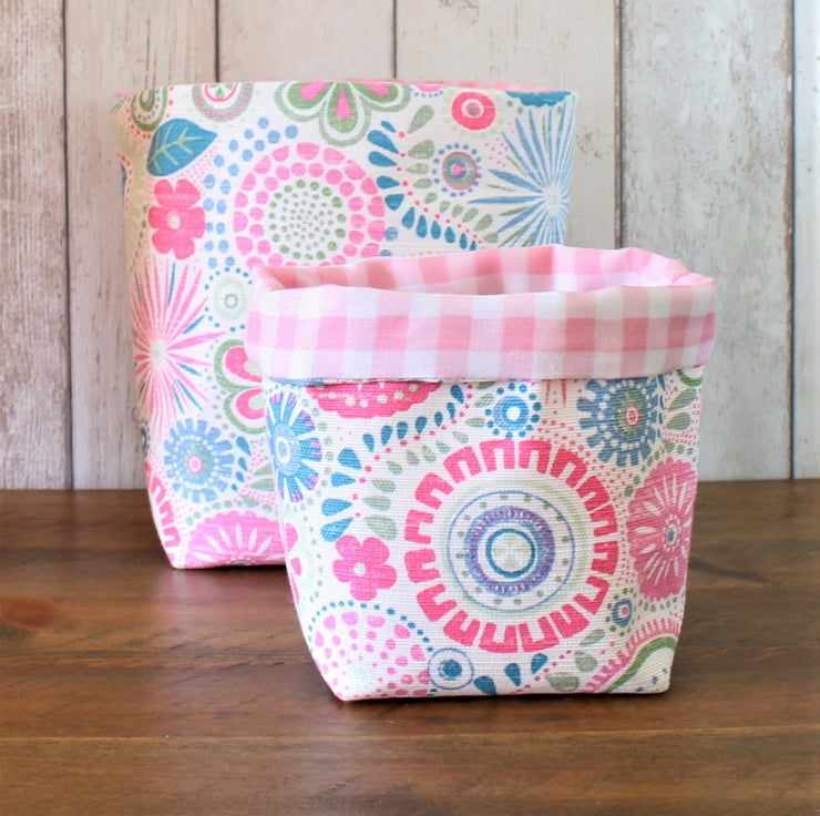 Pink and Green Funky Floral Fabric Storage Bin - Folksy