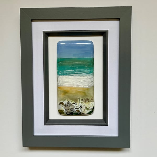 Fused glass mini framed panel, coastal shore, s... - Folksy