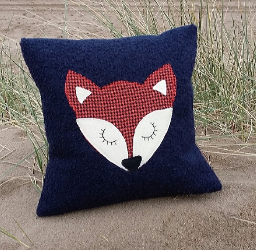 Snoozy fox on navy wool. A fox cushion complet... - Folksy