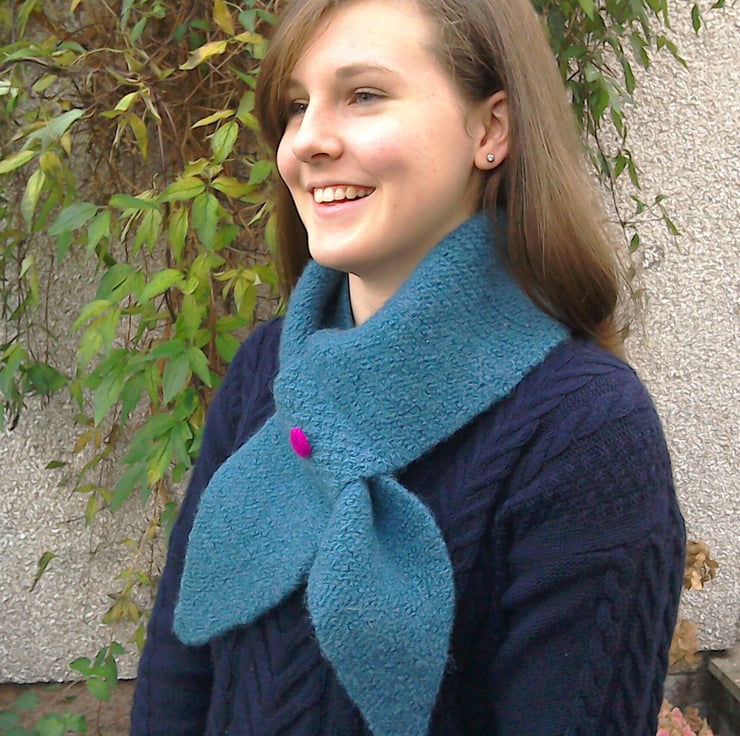 Blue wool keyhole scarf with pink Harris Tweed ... - Folksy