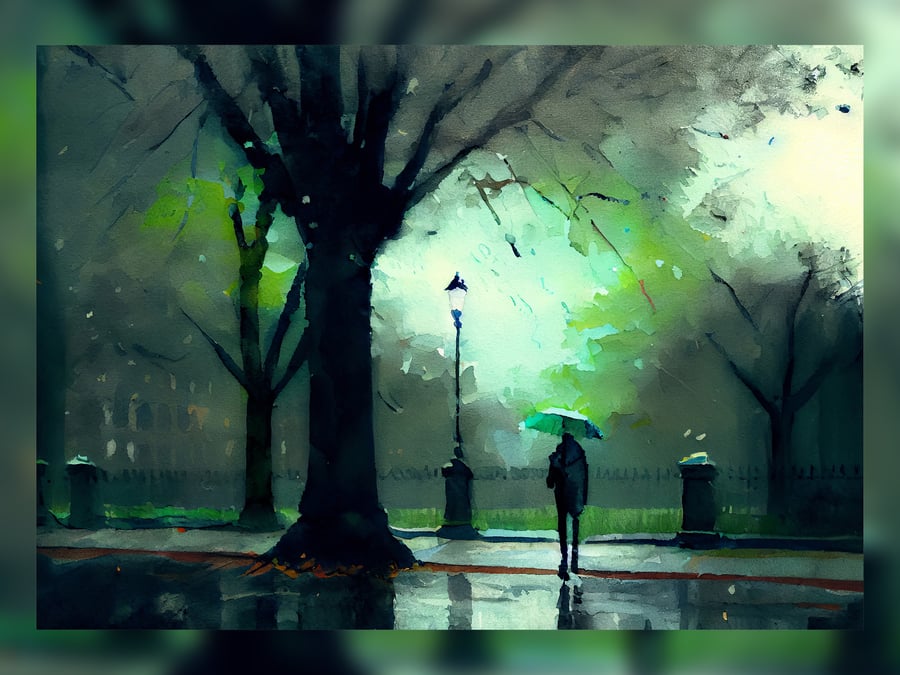 Man in Rain, Urban Street Scene, Watercolor Pai... - Folksy