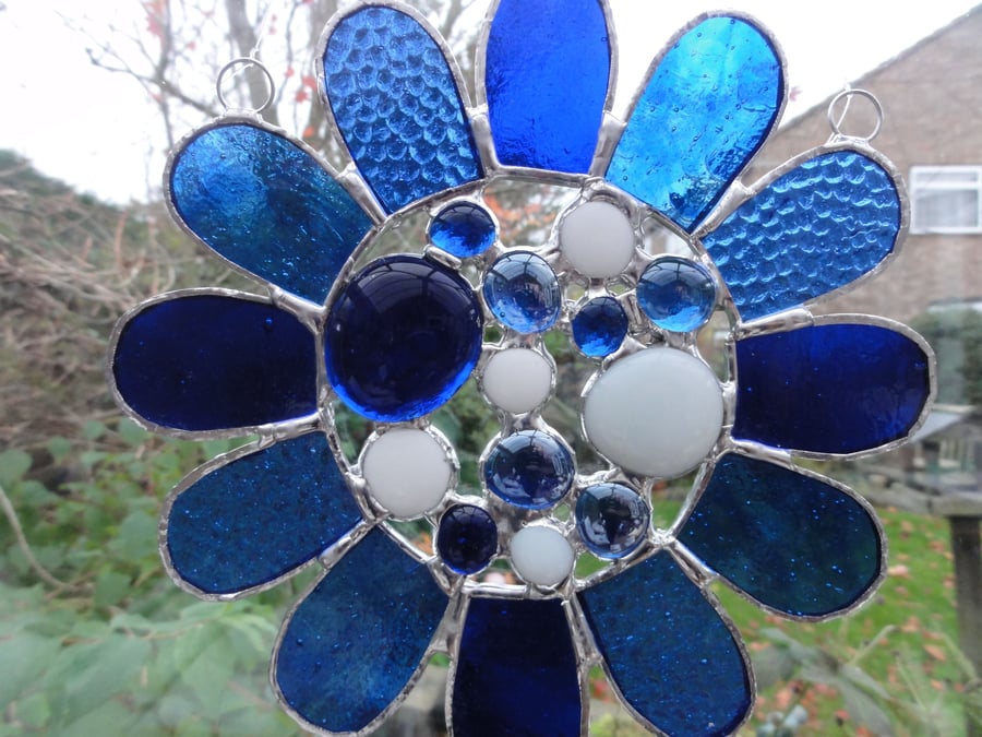 Stained Glass Bead Daisy Suncatcher - Blue - Folksy