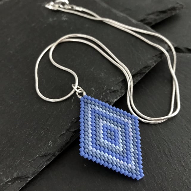 Shades of Blue Beaded Diamond Shaped Pendant - Folksy