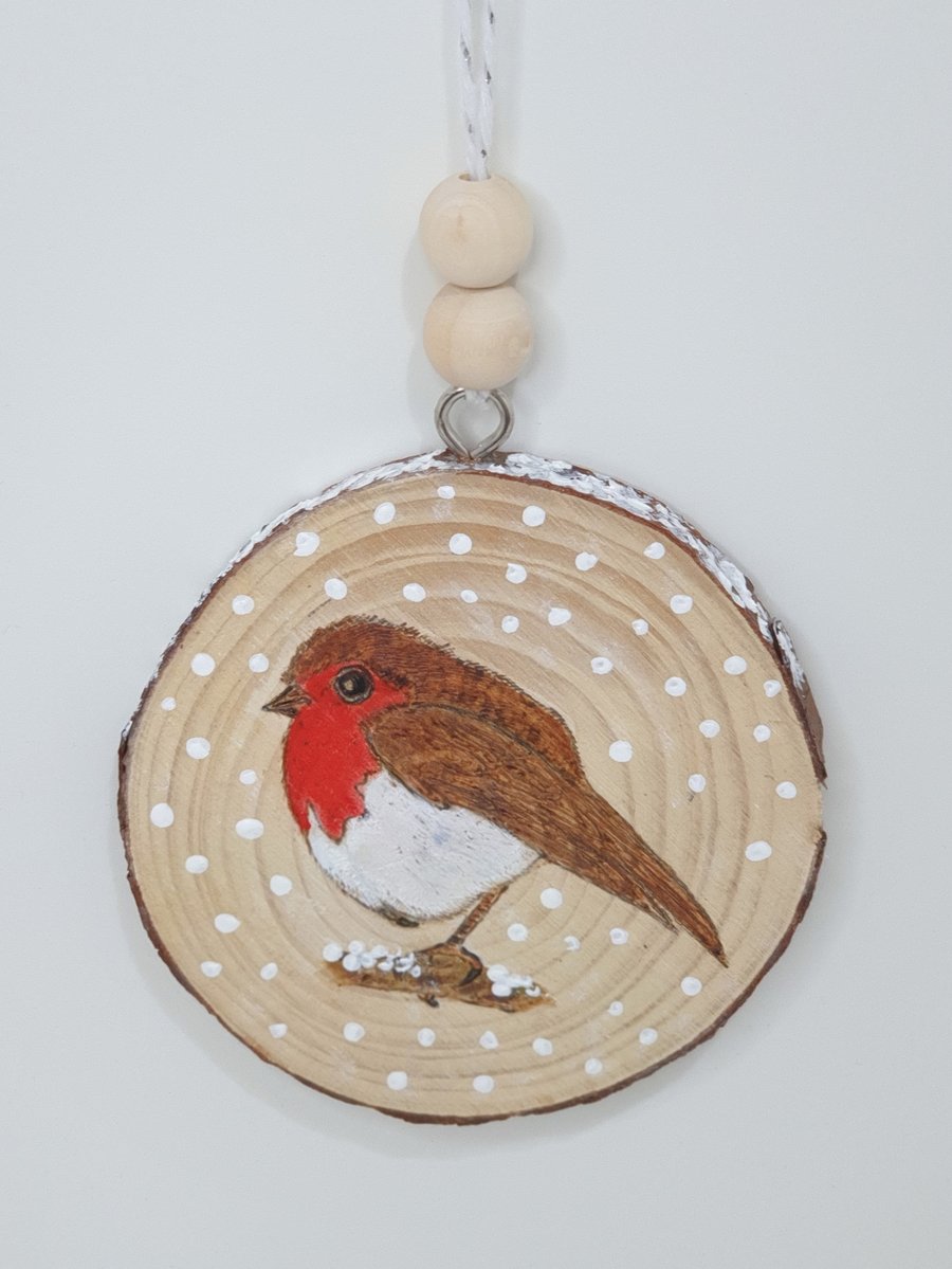 Robin decoration, pyrography hanging wood slic... - Folksy