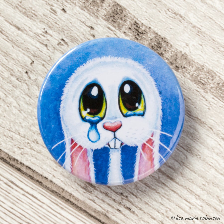 Sad Crying White Bunny Rabbit Button Badge - 38mm - Folksy