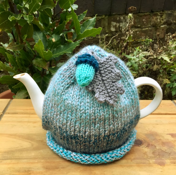 Turquoise and Grey Tea Cosy with Oak Leaf and A... - Folksy
