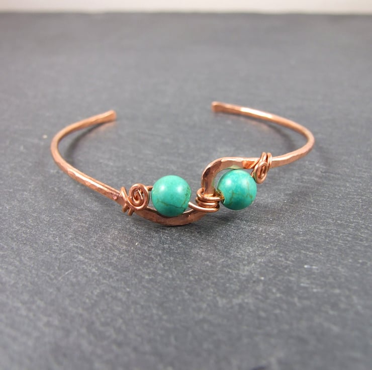 Copper Bangle with Turquoise and Wire Wrapping - Folksy