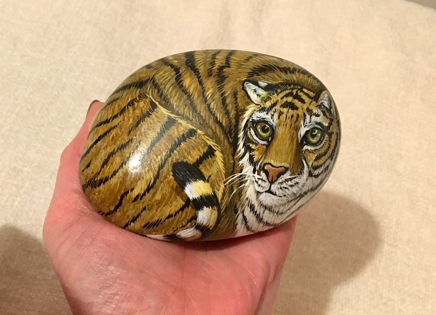 Tiger hand painted pebble garden rock art pet s... - Folksy