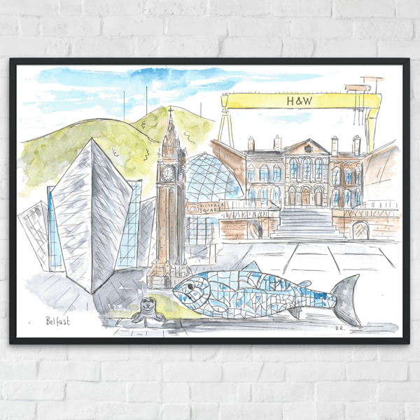 Belfast landmarks pen & watercolour illustr... - Folksy