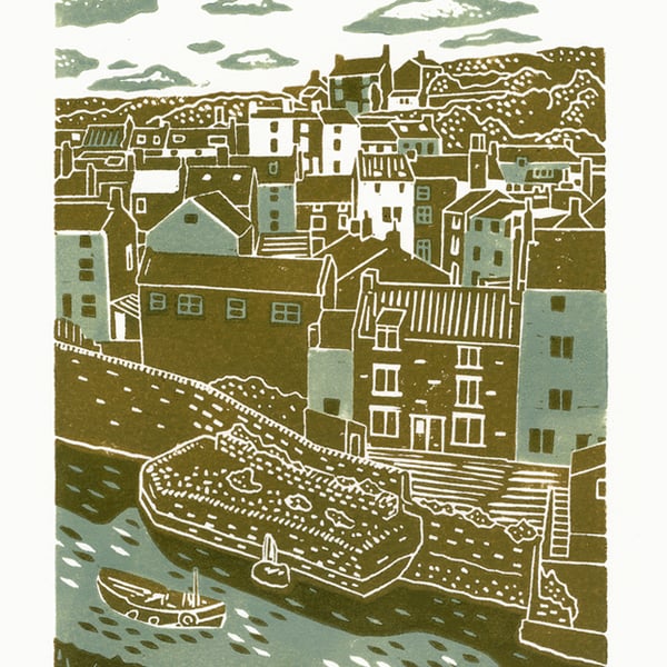 Staithes two-colour linocut print - Folksy