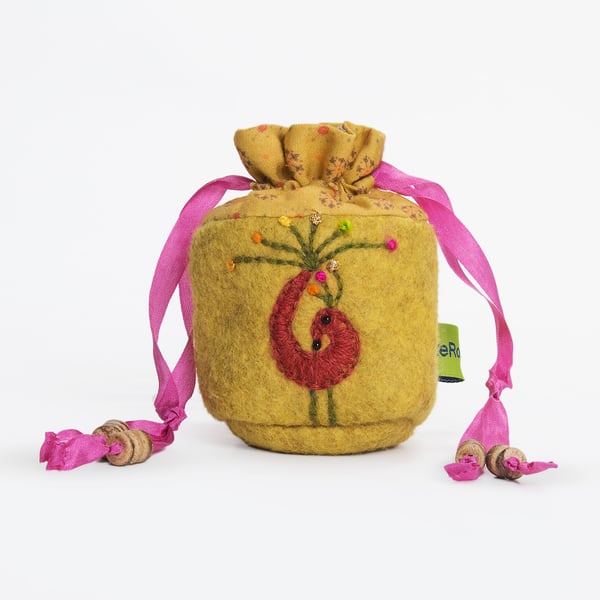 Miniature mustard wool felt drawstring bag with... - Folksy