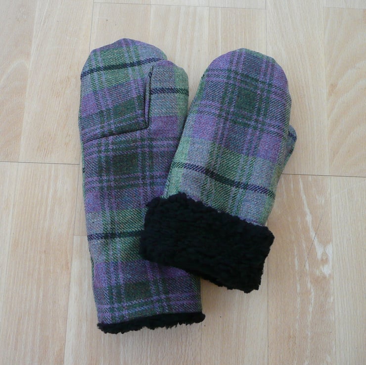 Ladies mittens green purple tweed faux sheepski... - Folksy