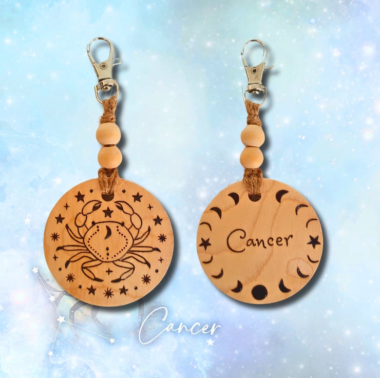 Cancer Zodiac Star Sign Card, Wooden Keyring, o... - Folksy
