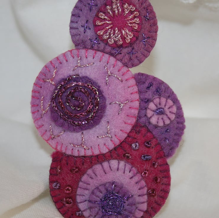 Embroidered Felt Pendant - pink , lilac and pur... - Folksy