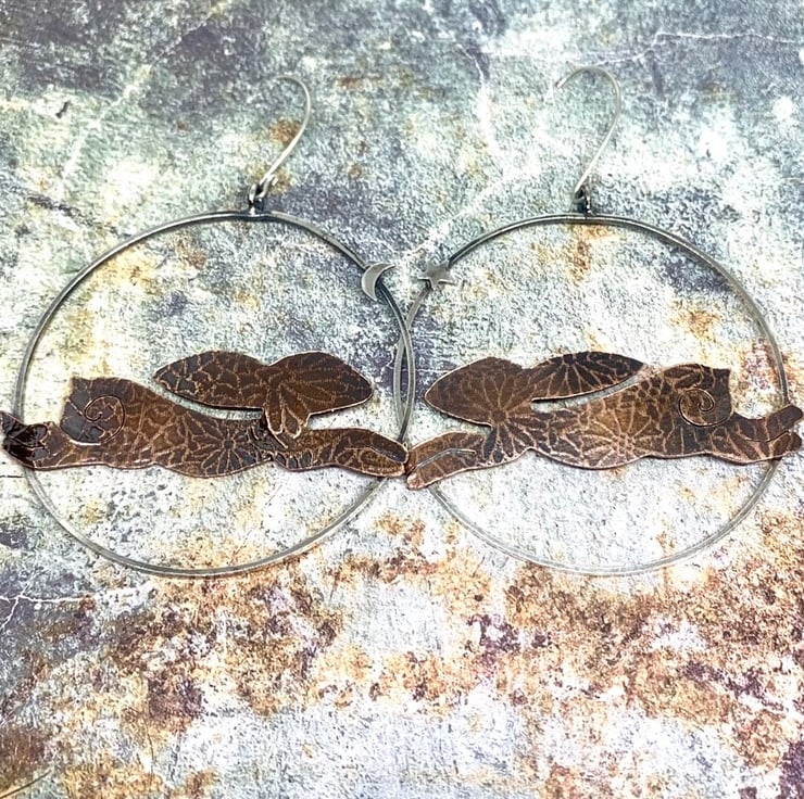 Large Hoop Running Hare Earrings - Folksy