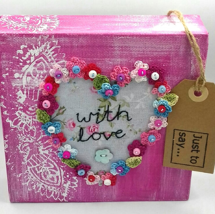 Canvas with Crochet Flowers and Fabric Heart - Folksy