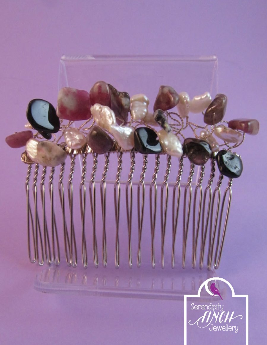 Pink, Black Tourmaline Pearl Hair Comb - Folksy