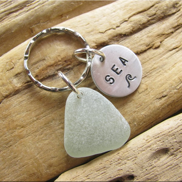 Natural sea glass, stamped keyring - Folksy