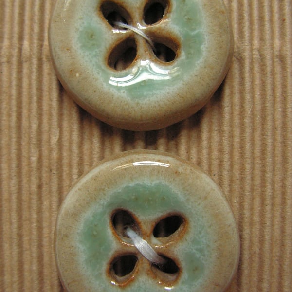 2 ceramic circular blue and brown buttons - Folksy