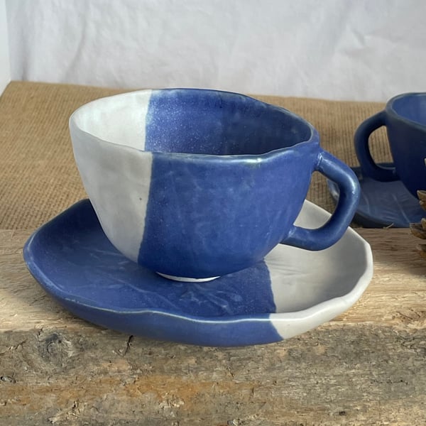 Handmade ceramic tea cup & saucer, blue&... - Folksy