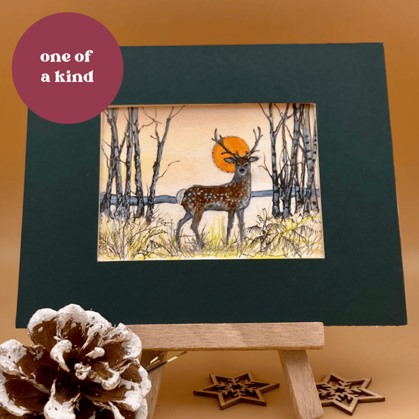 ACEO painting, Original watercolour, Stag in Wo... - Folksy