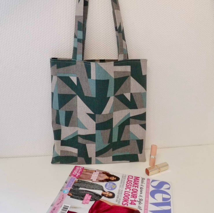 Tote bag in geometric print grey and green with... - Folksy