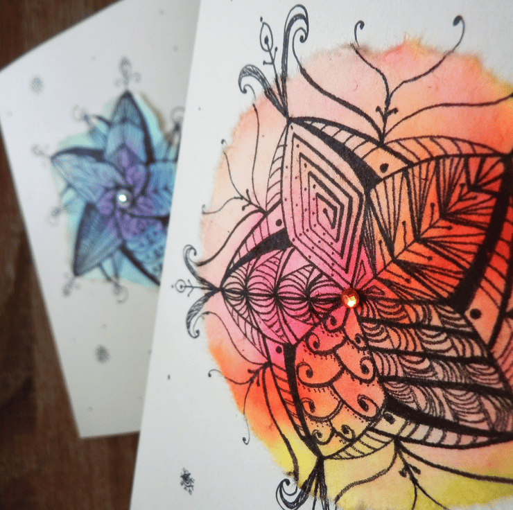 Flower notecards, set of 2, doodle art, hand drawn - Folksy