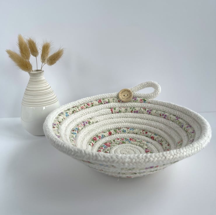 Coiled Rope Bowl with Ditsy Pastel Floral Fabric - Folksy