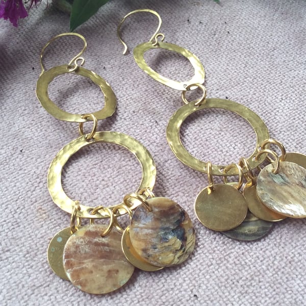 Gold Tone Shell Disc and Loop Earrings - Folksy