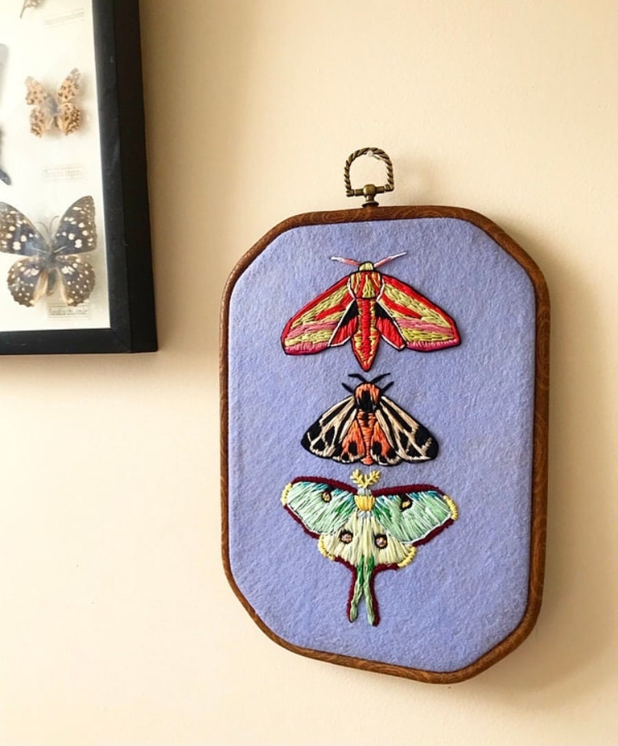 Moth embroidery wall hanging - Folksy