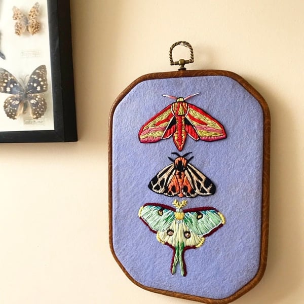 Moth embroidery wall hanging - Folksy