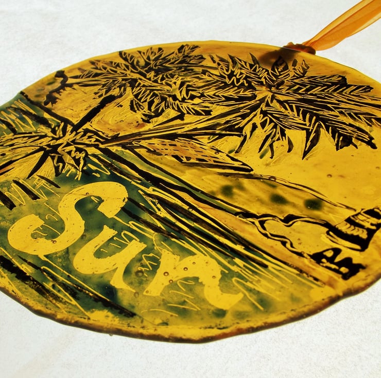 Painted Yellow Glass Roundel - Sun and palm tre... - Folksy