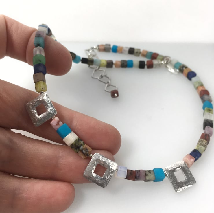 Sterling silver square bead multi coloured neck... - Folksy