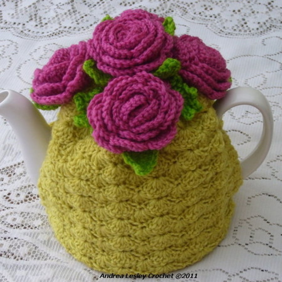 Crochet Tea Cosy/Pink with Roses (Made to order) - Folksy