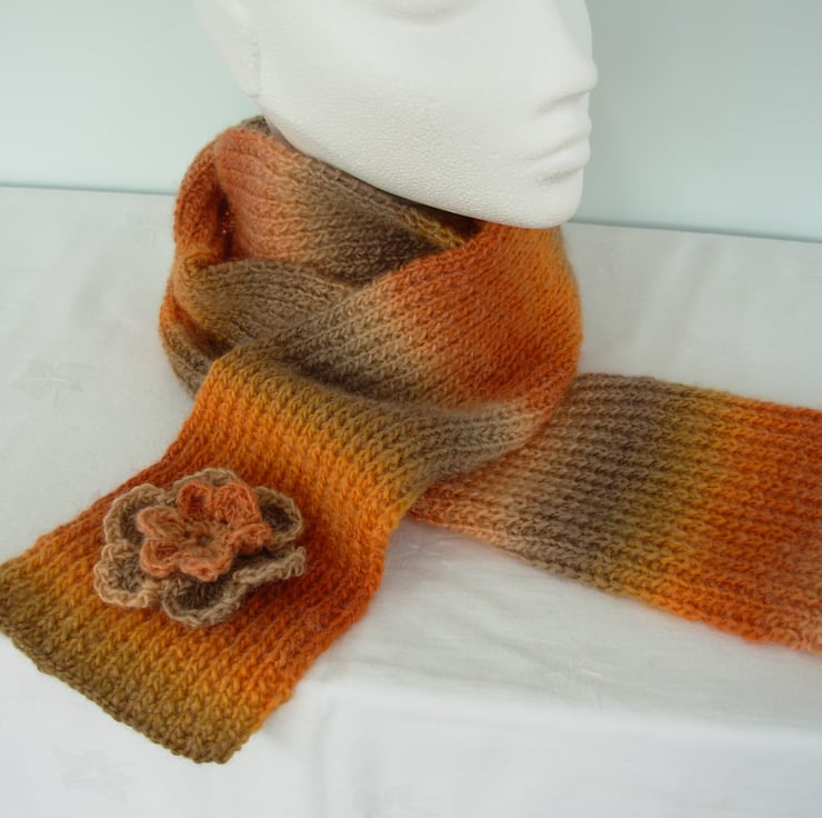 Knitted Scarf with crochet flower Autumn colours - Folksy