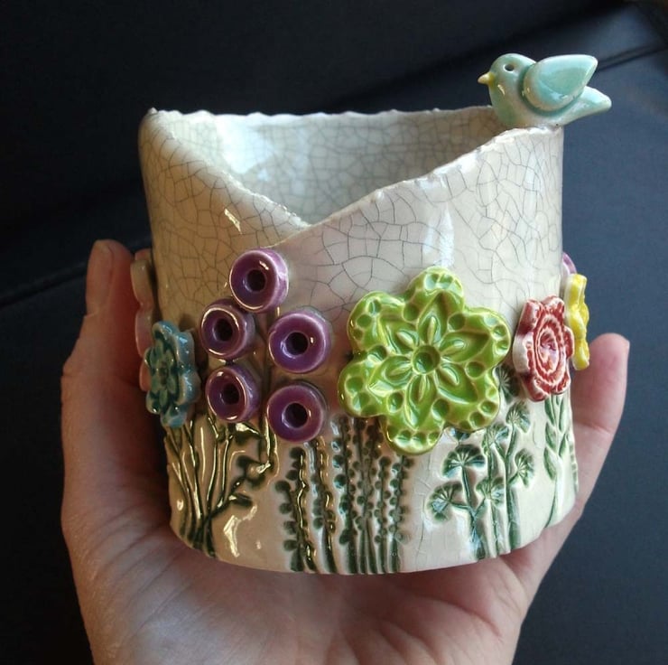 Spring flowers decorative ceramic vessel - Folksy