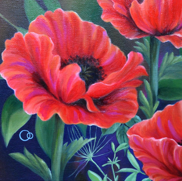 Original Red Poppies & Little Blue Bird Oil... - Folksy