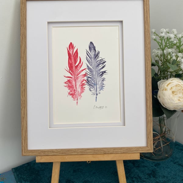 Feathers original feather mono print, Pink and ... - Folksy