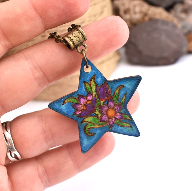 Bouquet on Blue Hand Burned and Coloured Pyrogr... - Folksy