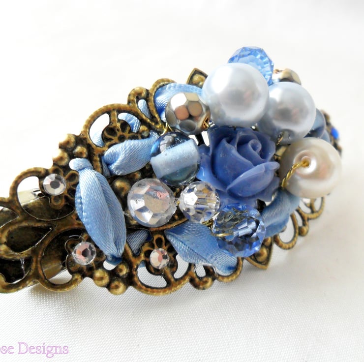 Vintage inspired hair barrette in shades of blue - Folksy