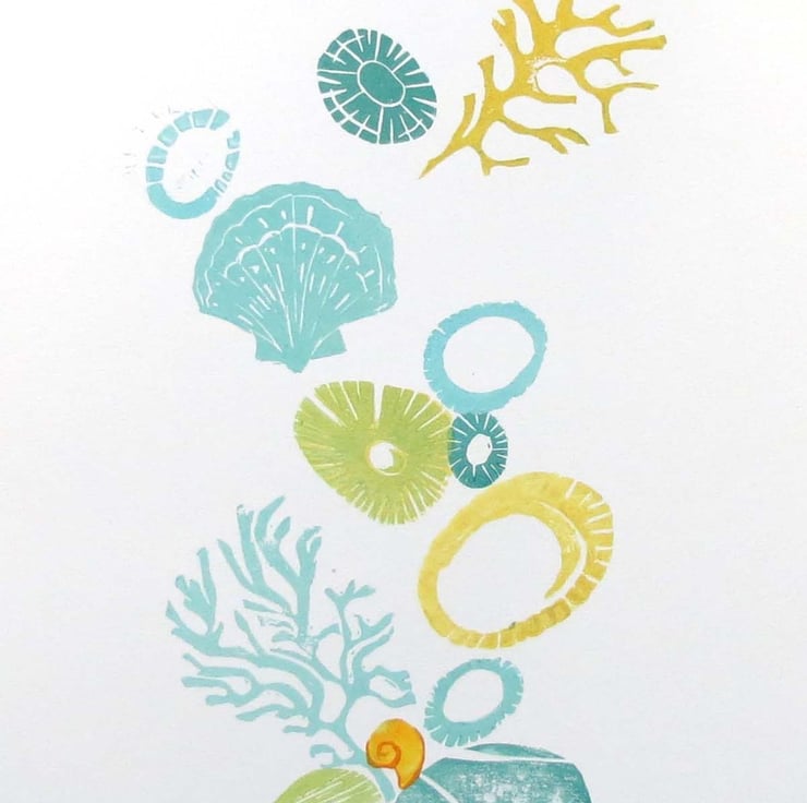 Lino monoprint rockpools series seashells, pebb... - Folksy