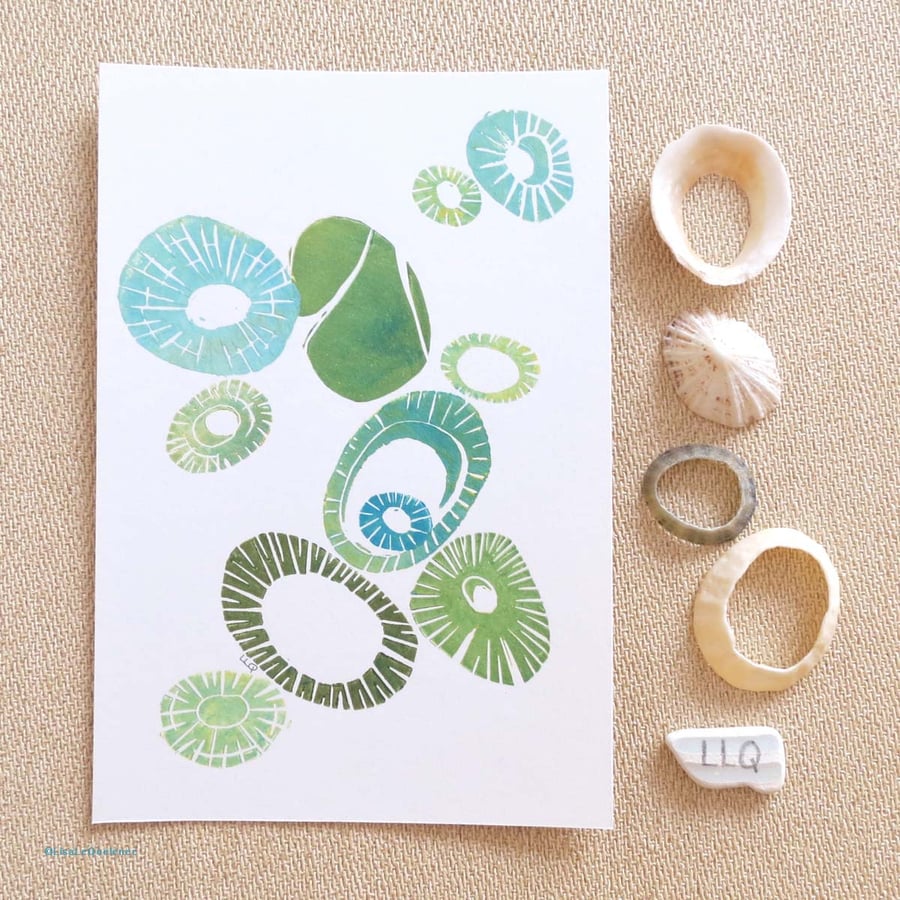 Lino monoprint of limpet shells and pebbles mod... - Folksy