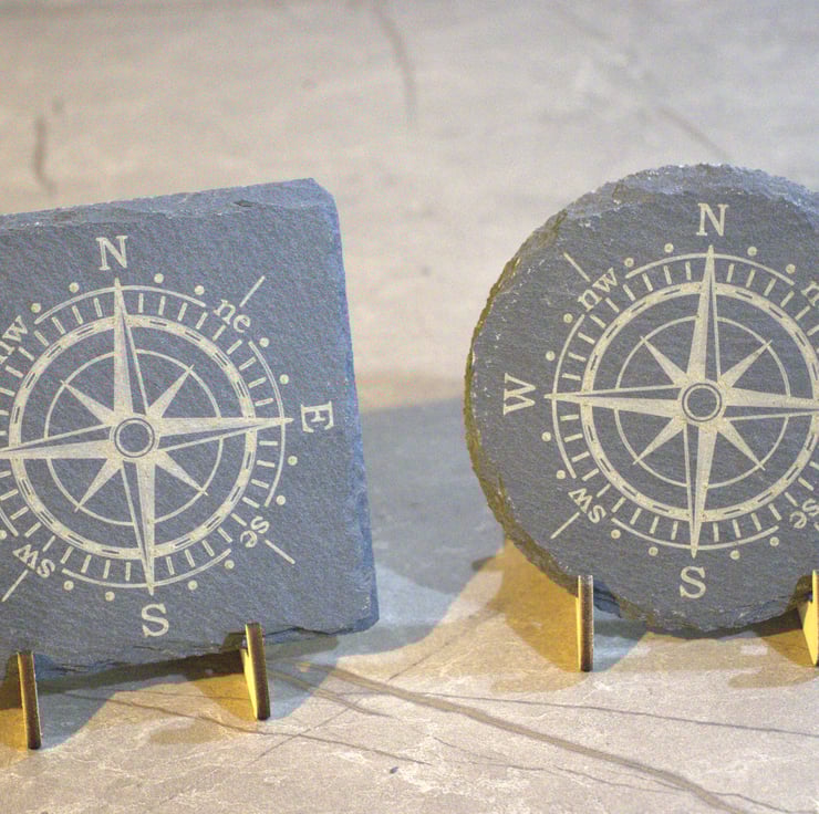 Compass Rose Laser engraved Slate Coaster - Folksy