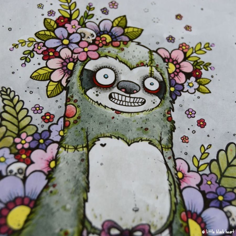 floral zombie sloth - original A4 illustration - Folksy