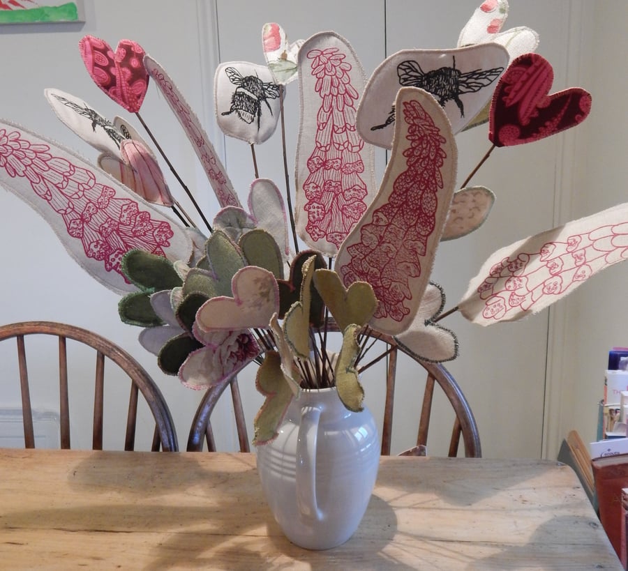 Bee and Foxglove screen printed fabric flowers ... - Folksy