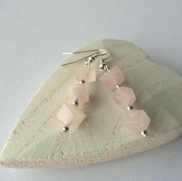 Handmade rose quartz cube earrings - Folksy