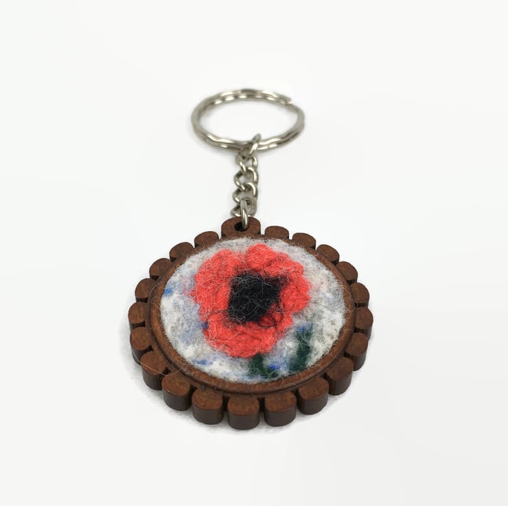 Felted poppy keyring - single poppy on pale blu... - Folksy