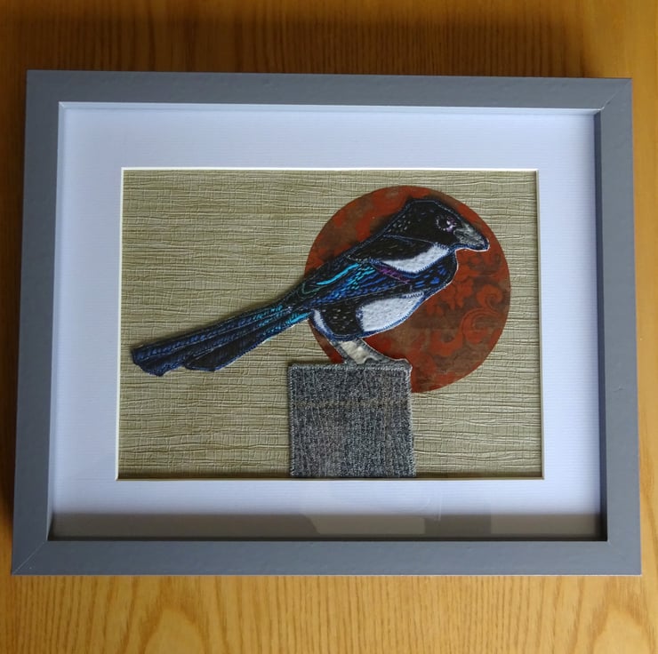Embroidered collage magpie framed picture - Folksy