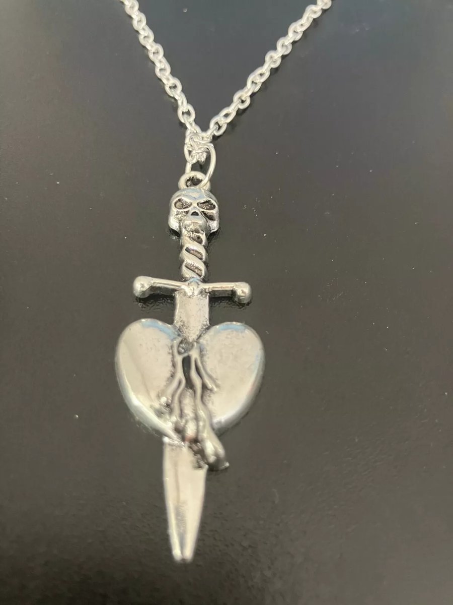 sword dagger bleeding heart skull necklace silv... - Folksy
